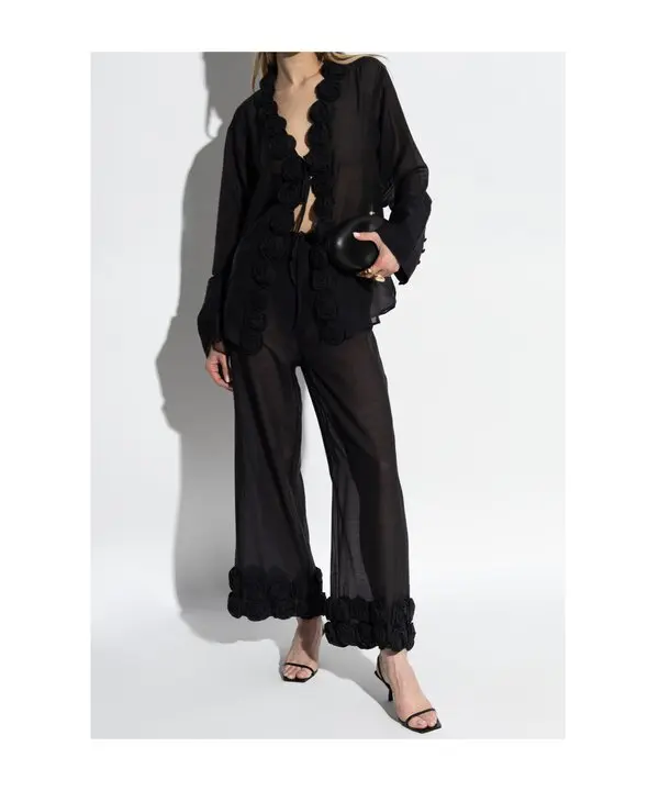 Oseree Floral Appliqué Wide-leg Trousers