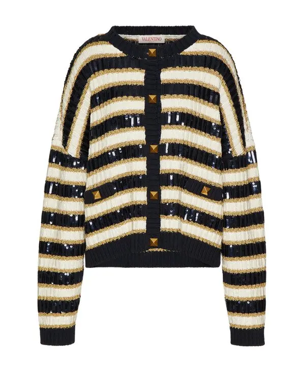 Valentino Garavani Rockstud Striped Sequined Cardigan - Black
