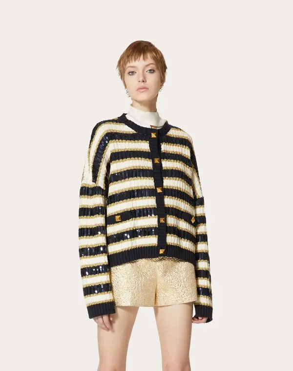 Valentino Garavani Rockstud Striped Sequined Cardigan - Black