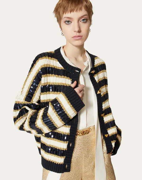 Valentino Garavani Rockstud Striped Sequined Cardigan - Black