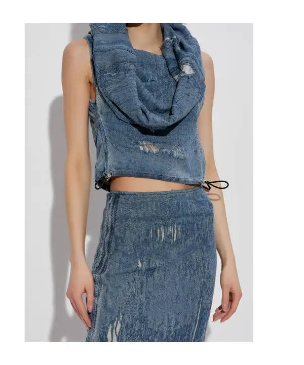 DIESEL® De-vania Fsg Top With Distressed Denim And Drawstring Hem
