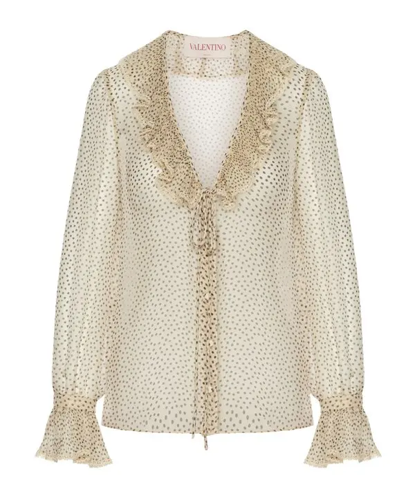 Valentino Garavani Polka Dot Printed Ruffled Long Sleeve Top - Nude