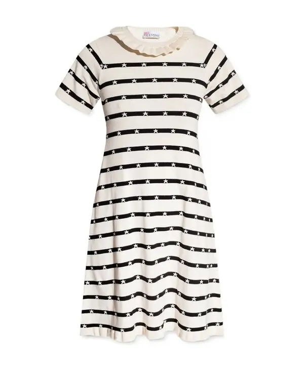 Red Valentino Striped Star Dress With Lotus Leaf Collar - No