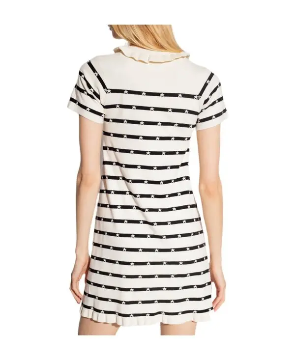 Red Valentino Striped Star Dress With Lotus Leaf Collar