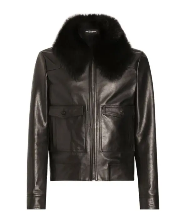 Dolce & Gabbana Leather Fur Collar Zip Jacket