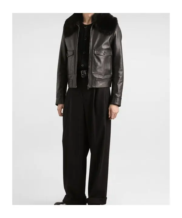 Dolce & Gabbana Leather Fur Collar Zip Jacket