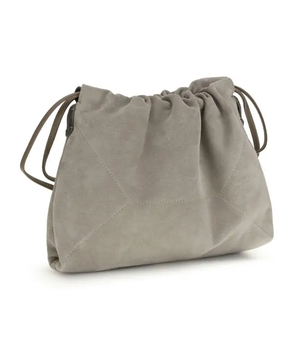 Brunello Cucinelli Gathered Suede Shoulder Bag With Beaded Embellishment - Nude