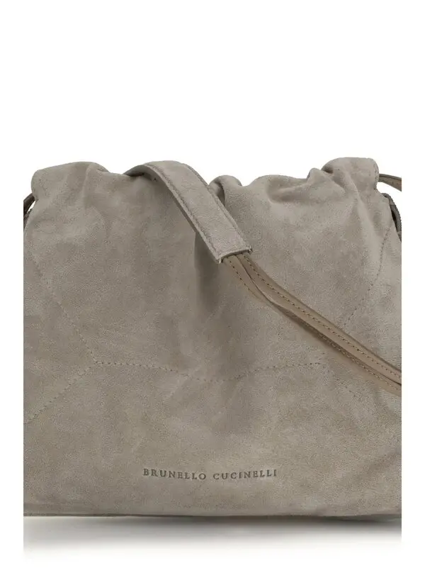 Brunello Cucinelli Gathered Suede Shoulder Bag With Beaded Embellishment - Nude