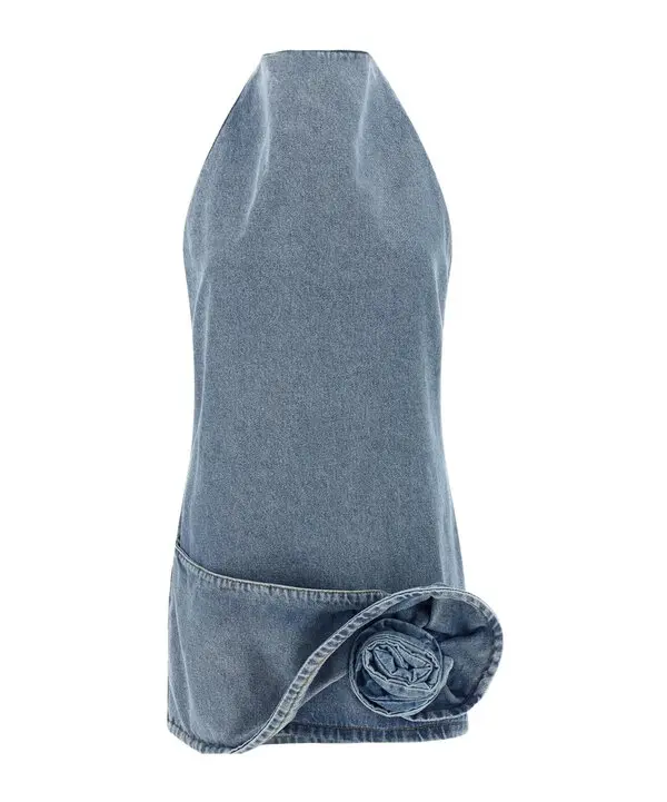 Magda Butrym Sleeveless Denim Dress With Draped Floral Embellishment - Light Blue