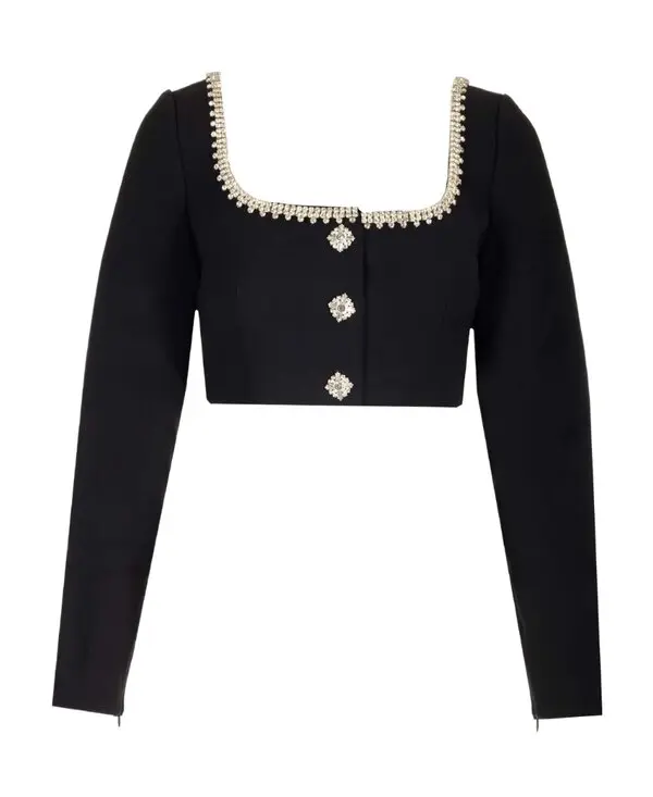 SELF-PORTRAIT Square-neck Embellished Cropped Top - Black