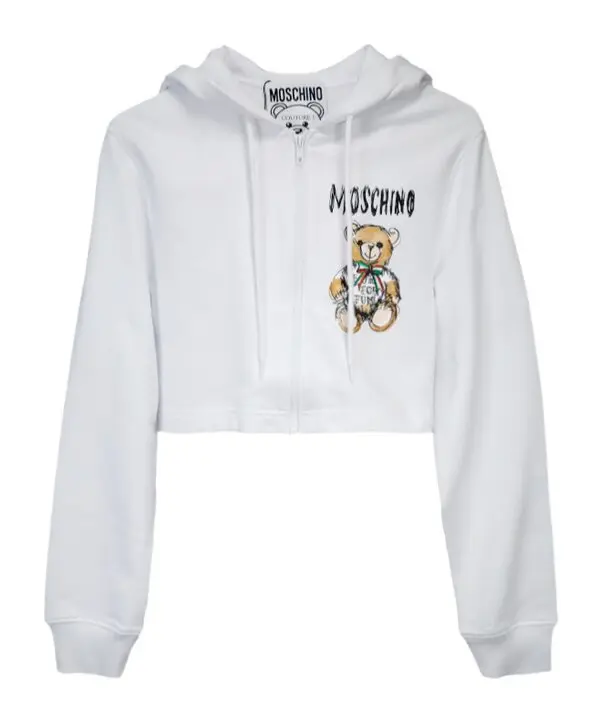 Moschino Teddy Bear Print Cropped Zip-up Hoodie - White