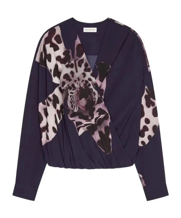 Dries Van Noten Printed V-neck Draped Top - Navy