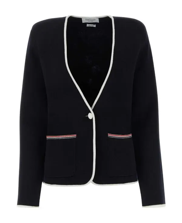 Thom Browne V-neck Buttoned Cardigan With Striped Details - Navy Blue