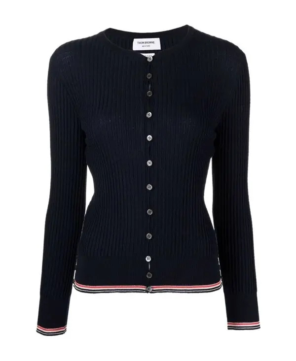 Thom Browne Ribbed Cardigan With Signature Stripes - Navy Blue
