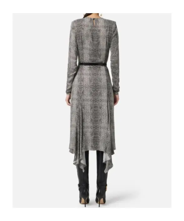 Elisabetta Franchi Printed Georgette Dress With Asymmetrical Skirt And Belt