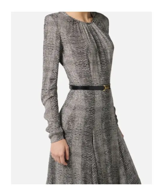 Elisabetta Franchi Printed Georgette Dress With Asymmetrical Skirt And Belt