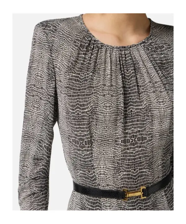 Elisabetta Franchi Printed Georgette Dress With Asymmetrical Skirt And Belt
