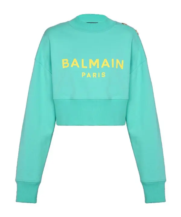 Balmain Logo Printed Crewneck Cropped Sweatshirt - Green