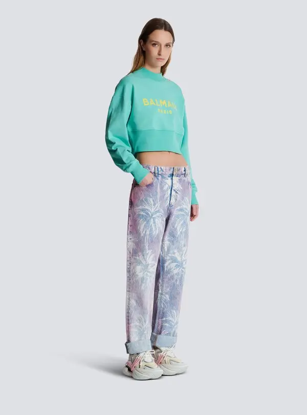 Balmain Logo Printed Crewneck Cropped Sweatshirt - Green