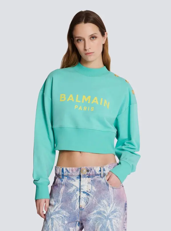 Balmain Logo Printed Crewneck Cropped Sweatshirt - Green