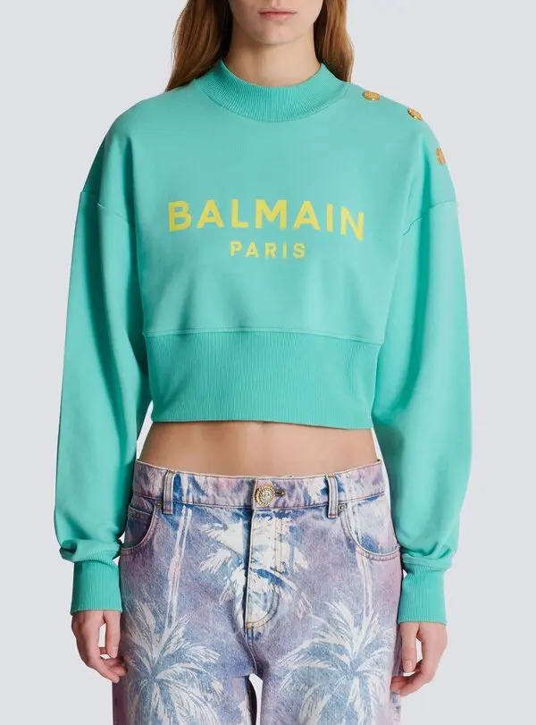 Balmain Logo Printed Crewneck Cropped Sweatshirt - Green