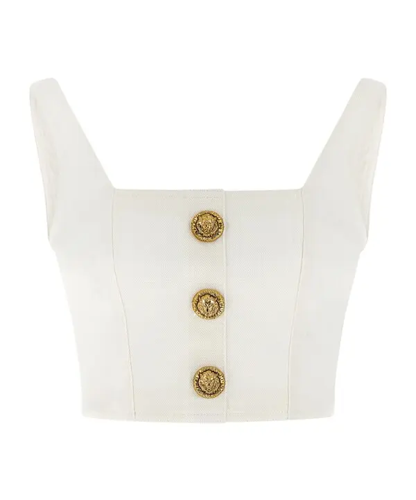 Balmain Button Cropped Top - White