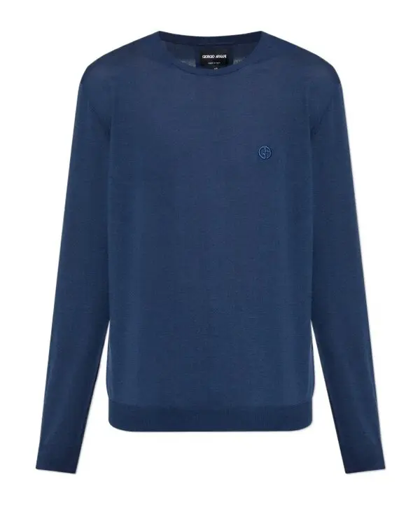 Giorgio Armani Logo Embroidered Crewneck Jumper - Navy Blue