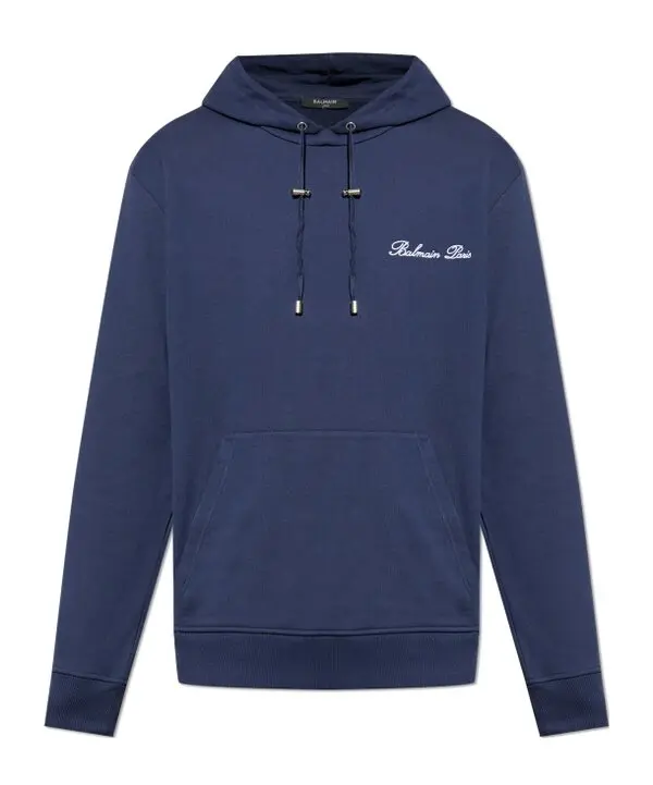 Balmain Logo Embroidered Hoodie - Navy Blue