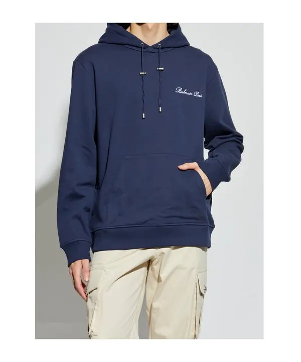 Balmain Logo Embroidered Hoodie - Navy Blue