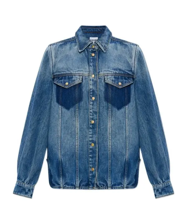 GANNI Collared Long-sleeved Shirt With Chest Pocket - Blue