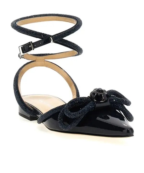 MACHMACH Mach & Mach Double Bow Pointed Toe Ballerina With Crystal Embellished Ankle Strap