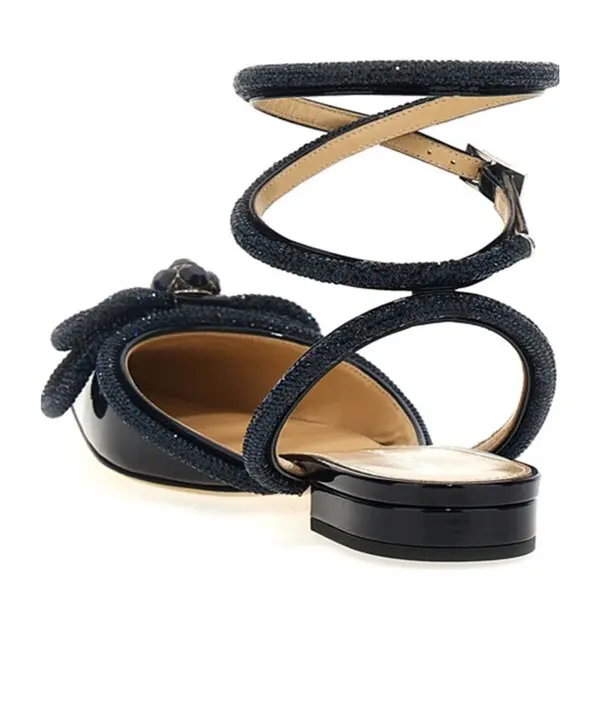 MACHMACH Mach & Mach Double Bow Pointed Toe Ballerina With Crystal Embellished Ankle Strap