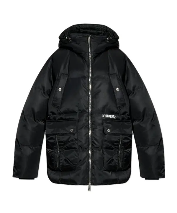 Dsquared2 Logo Printed Quilted Hooded Down Coat - Black