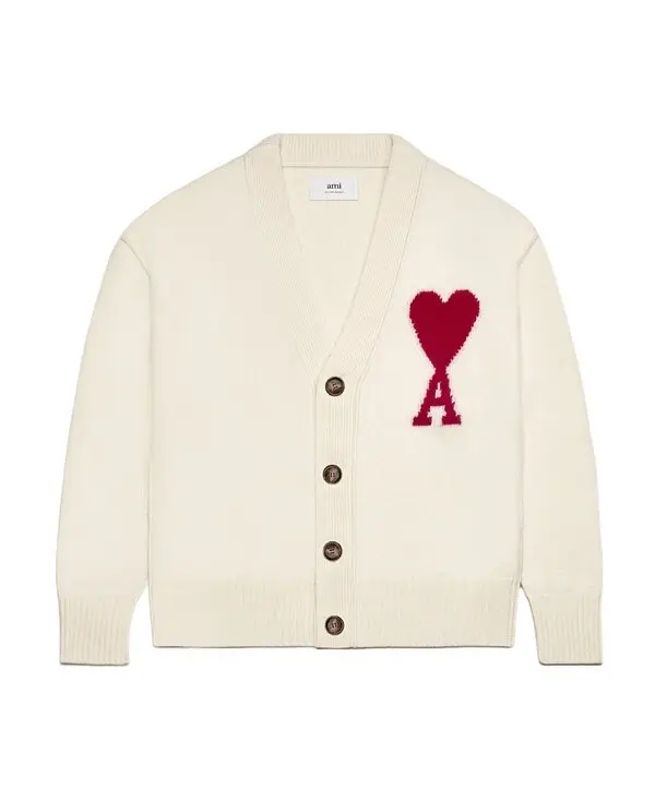 Ami V-neck Knitted Buttoned Cardigan With Logo - White