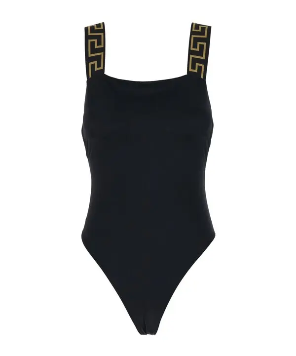 Versace Sleeveless One-piece Swimsuit With Logo Straps - Black