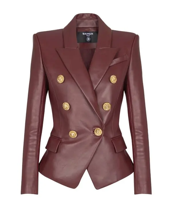 Balmain 6-button Collared Leather Jacket - Brown