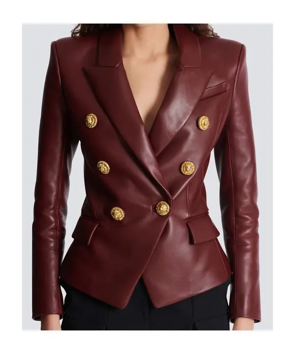 Balmain 6-button Collared Leather Jacket - Brown