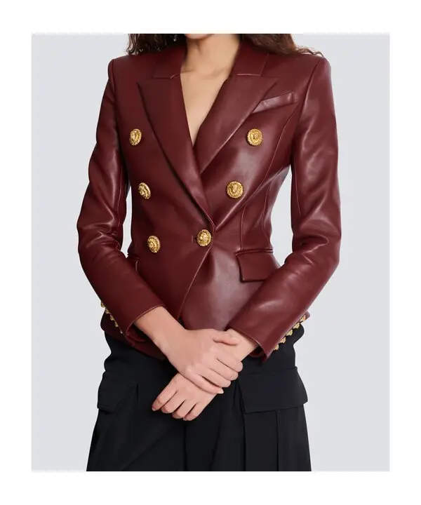 Balmain 6-button Collared Leather Jacket - Brown