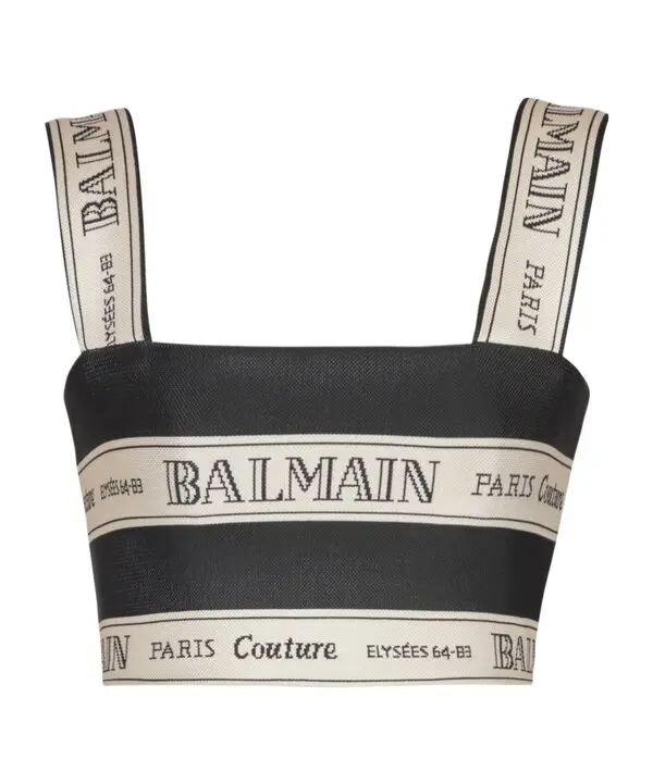 Balmain Logo Ribbon Jacquard Cropped Top - Black