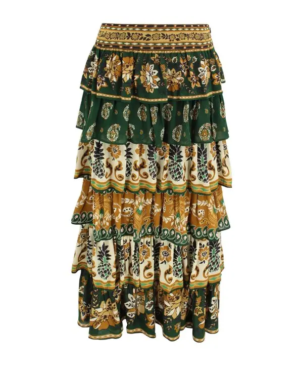 Farm Rio Mixed Scarf Ruffled Maxi Skirt - Green