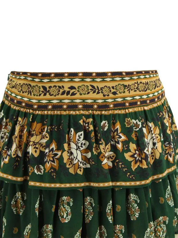 Farm Rio Mixed Scarf Ruffled Maxi Skirt - Green