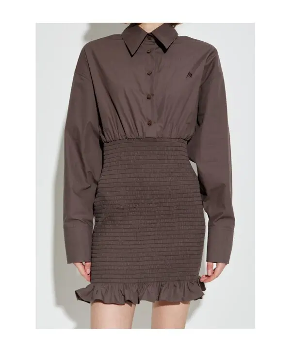 Attico Long Sleeve Shirt Dress With Ruffled Hem