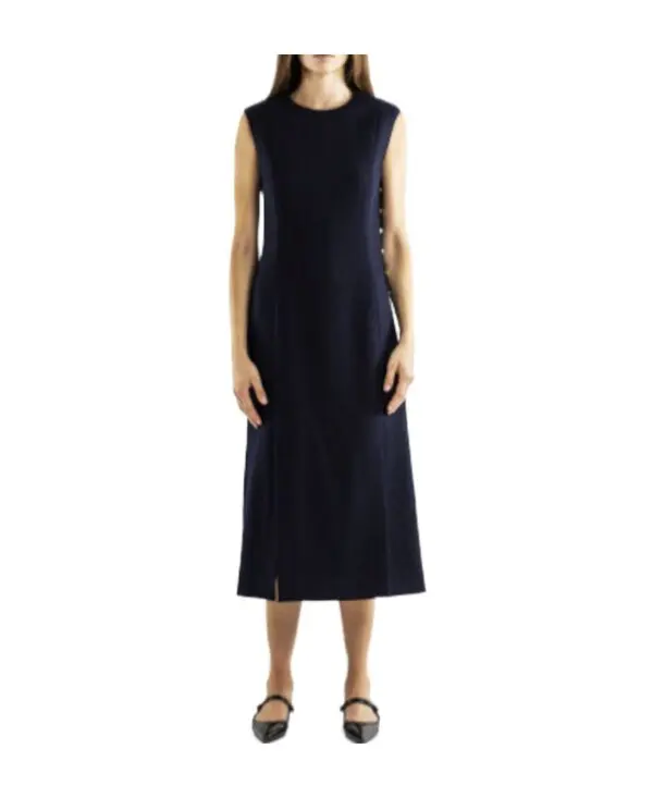 Thom Browne Wool Midi Dress With Round Neck And Front Slits - Black