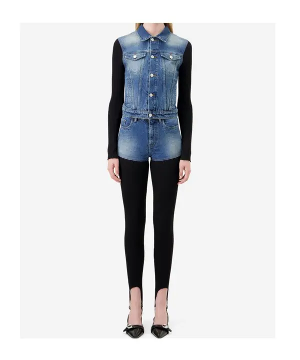 Coperni Vintage-wash Denim Shorts With Ribbed Stirrup Leggings - Black