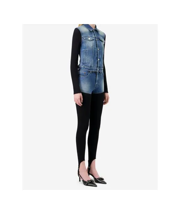 Coperni Vintage-wash Denim Shorts With Ribbed Stirrup Leggings - Black