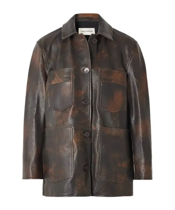 Nour Hammour Seleste Patchwork Distressed Leather Jacket - Brown