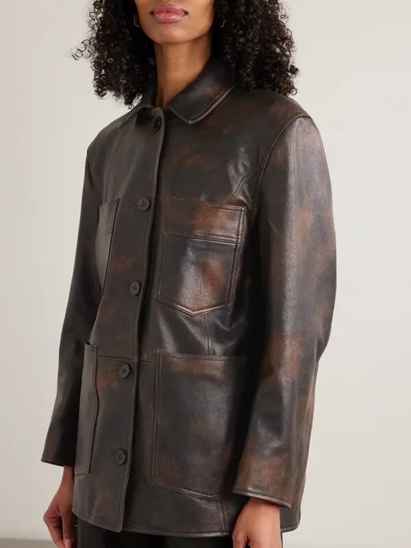 Nour Hammour Seleste Patchwork Distressed Leather Jacket - Brown