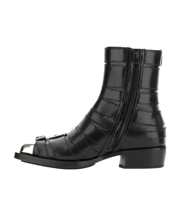 Alexander McQueen Buckle Detailed Ankle Boots With Metal Toe