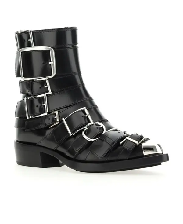 Alexander McQueen Buckle Detailed Ankle Boots With Metal Toe