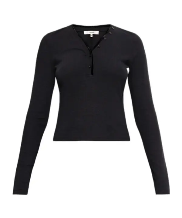 FRAME Velvet Trim Henley Top - Black